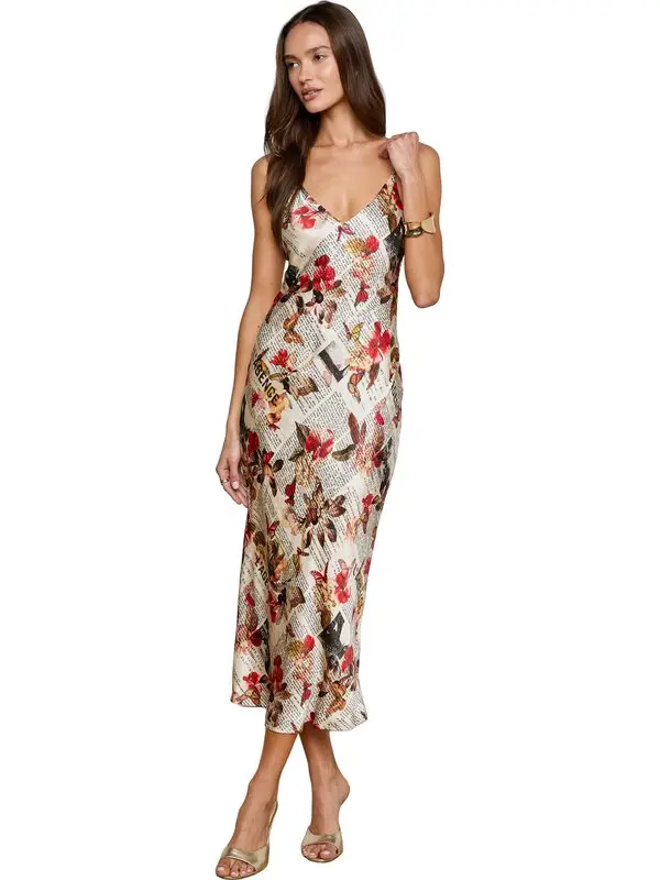 L'Agence Seridie Silk Slip Dress - Multi Butterfly Rose Newspaper