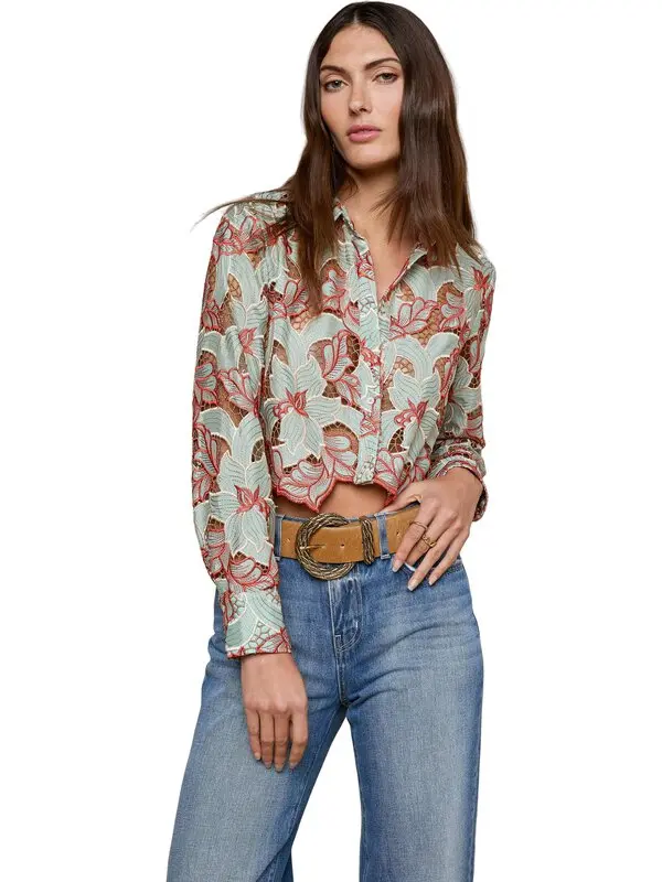 L'Agence Akemi Cropped Eyelet Blouse Top - Multi Colored Eyelet