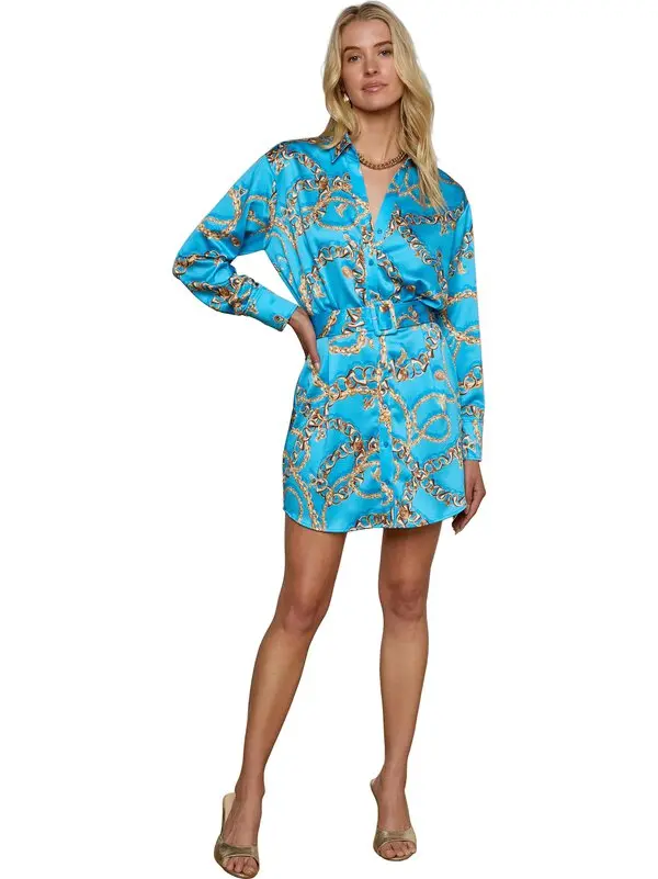 L'Agence Demie Satin Shirt Dress - Dresden Blue/gold Multi Southwest Chain