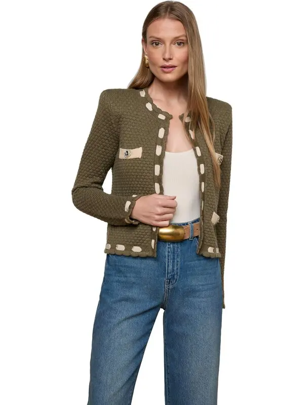 L'Agence Astor Contrast Trim Cardigan - Army/biscuit