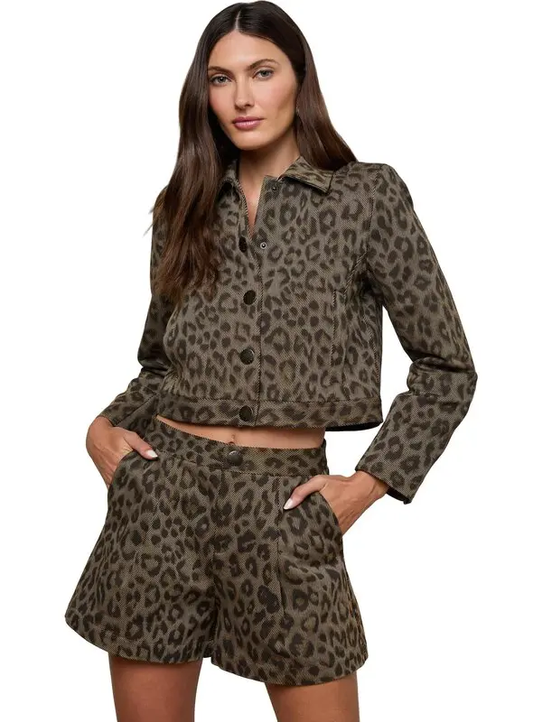 L'Agence Marla Cropped Jacket - Tan Multi Leopard