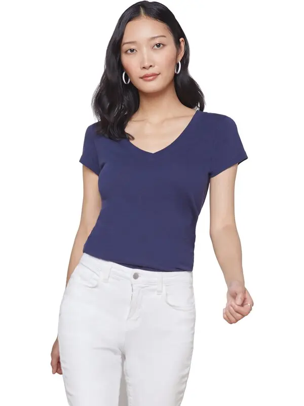 L'Agence Becca Cotton V-neck T-shirt - Navy