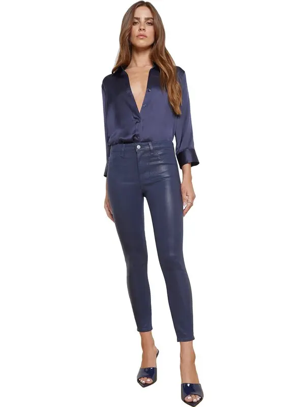 L'Agence Margot Coated Cropped Skinny Jean - Navy Coated