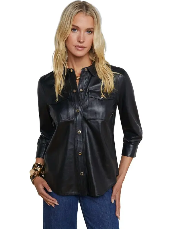 L'Agence Avina Leather Shirt - Black