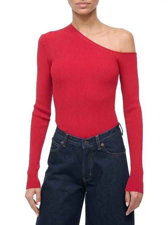 Staud Lois One Shoulder Rib Top - Rouge