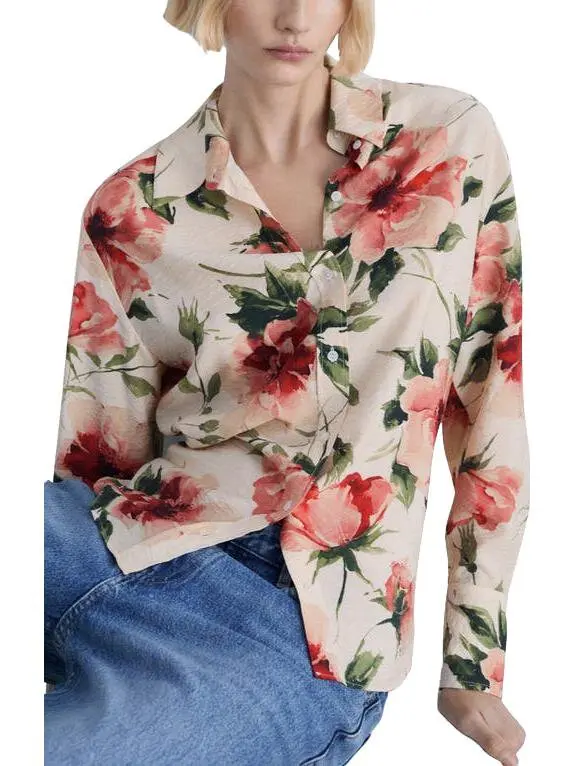Mango Floral Flowy Button-up Shirt - Ecru