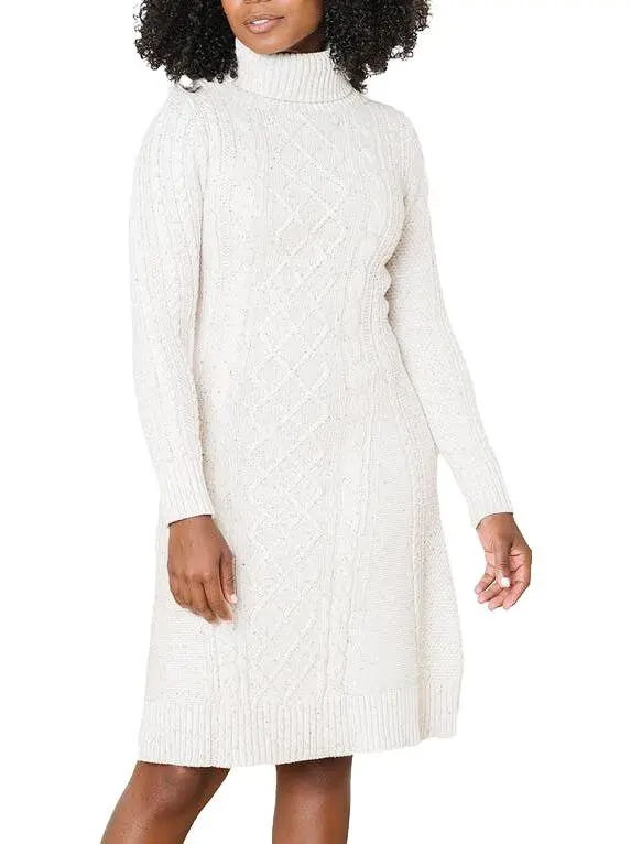HOPE & HENRY Organic Long Sleeve Turtleneck Cable Sweater Dress - Natural Fleck