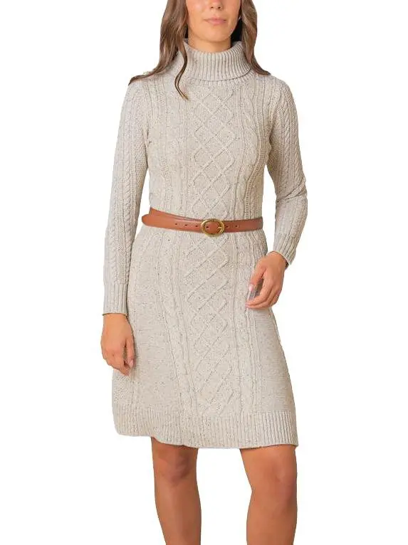 HOPE & HENRY Organic Long Sleeve Turtleneck Cable Sweater Dress - Natural Fleck