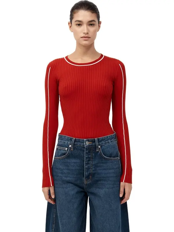 ST AGNI Fine Line Long Sleeve Top - Red / Off White