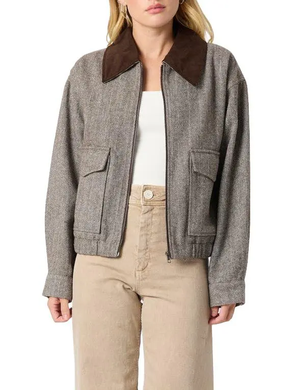 ALL IN FAVOR Herringbone Bomber Jacket With Corduroy Collar - Dark Brown