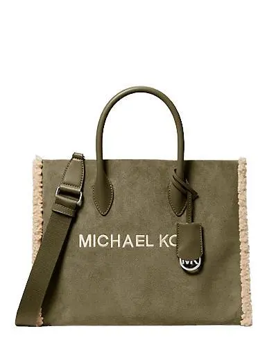 Michael Kors Mirella Medium Suede And Faux Shearling Tote - Green