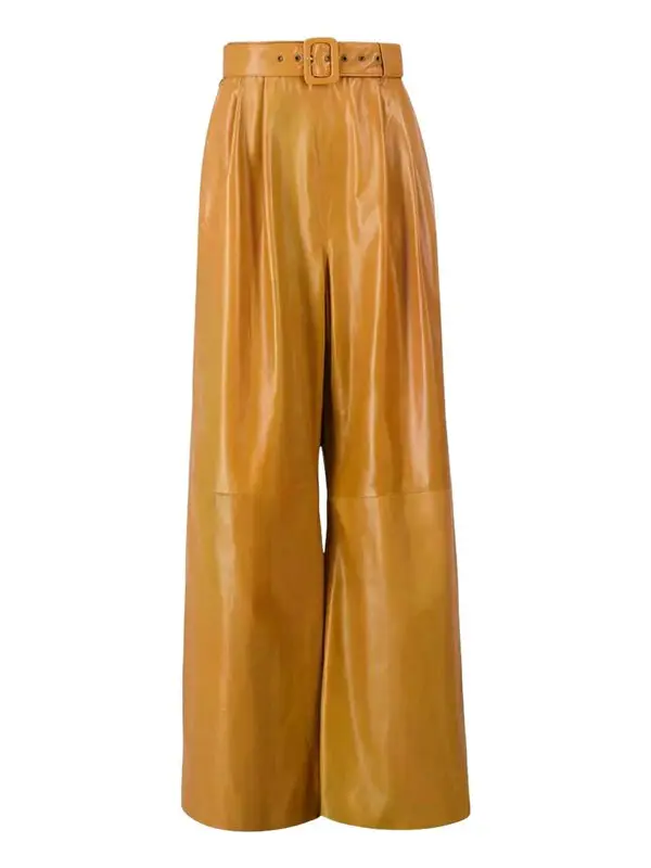 PAULA Belted-waist Leather Palazzo Pants - Brown