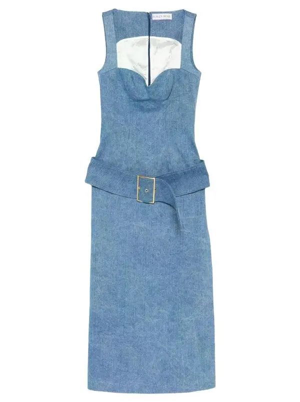 ROWEN ROSE Belted Denim Midi Dress - Blue