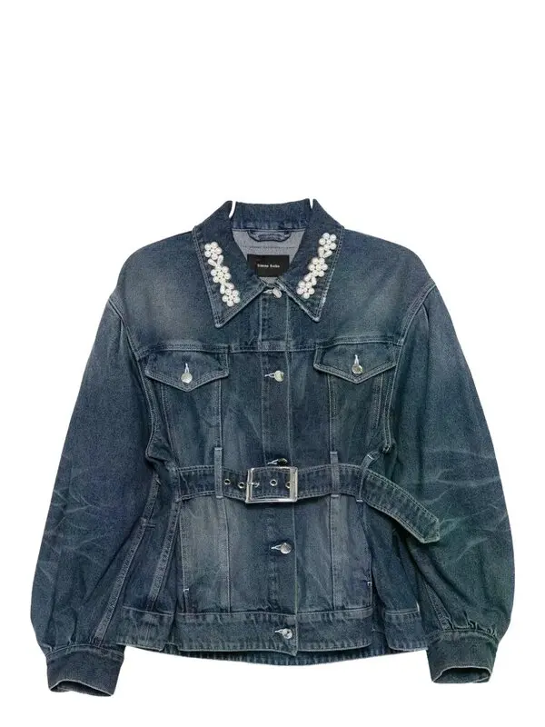 Simone Rocha Pearl-embellished Belted Denim Jacket - Blue