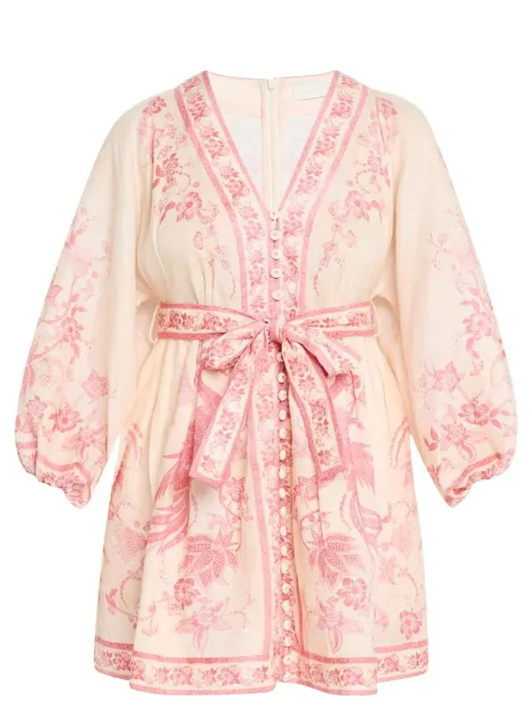 Zimmermann Lucky Plunge Mini Dress - Cream Pink Floral