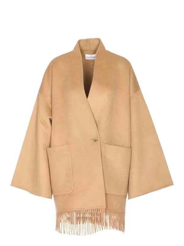 THE DYNAMIS STUDIO Fringed-hem V-neck Coat - Neutrals