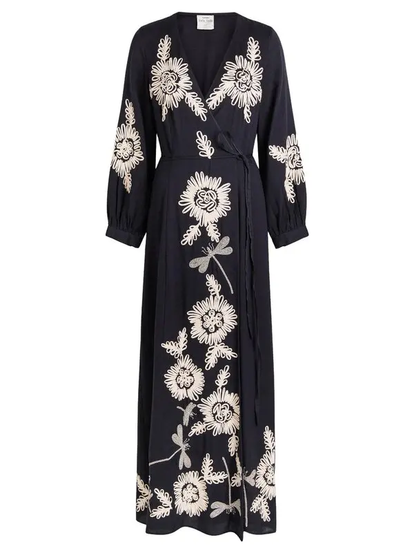 FORTE_FORTE Embroidered Cotton And Wool-blend Wrap Maxi Dress - Blue
