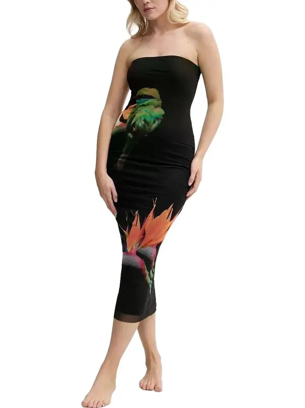 Desigual Bird-print Strapless Dress - Black