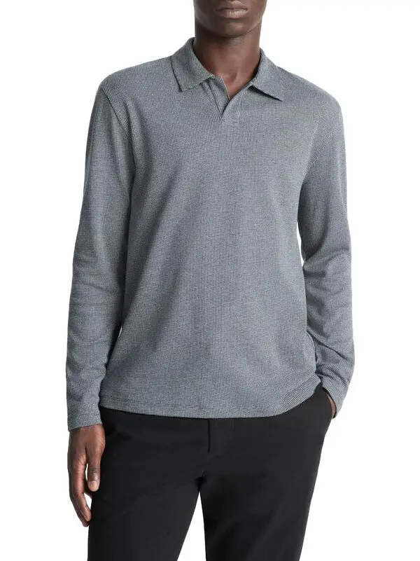 Vince Houndstooth Johnny Collar Long Sleeve Polo - 480chg-coastal/h Grey