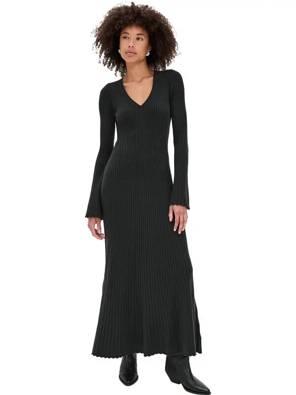 Paige Ribbed Knit Midi Dress With Bell Sleeves - Midnight