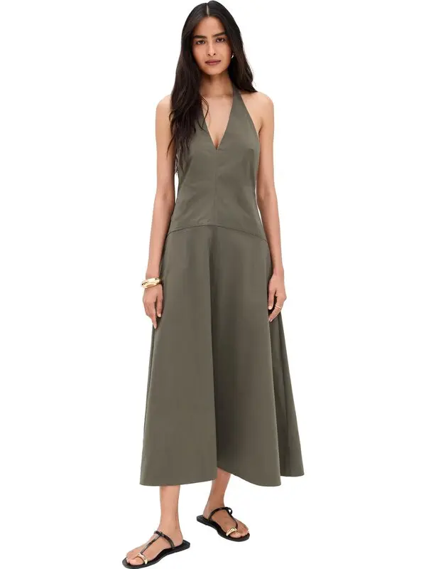 ST. AGNI Halter Plunge Maxi Dress - Khaki