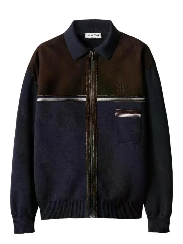 Miu Miu Leather-panel Wool Cardigan - Blue
