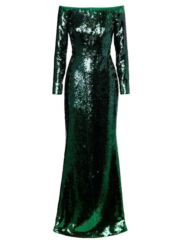 Elie Saab Sequin Off-shoulder Gown - Green