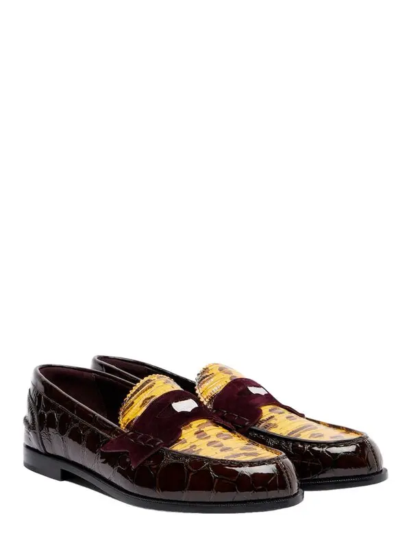 CHRISTIAN LOUBOUTIN Penny Croc-effect Leather Penny Loafers - Burgundy