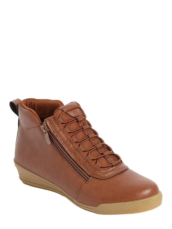 COMFORTVIEW Leather-like Sneakers With Zip Closure - Cognac
