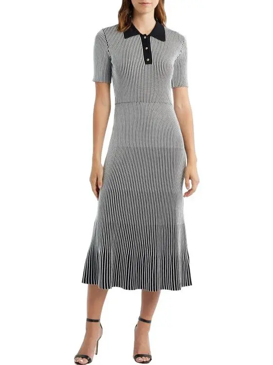 ZOE AND CLAIRE Collared Ribbed Sweater Dress - Black/ivory