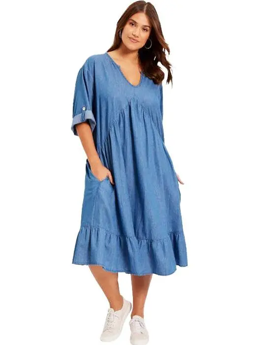 JUNE + VIE Ruffled Denim Dress - Medium Wash