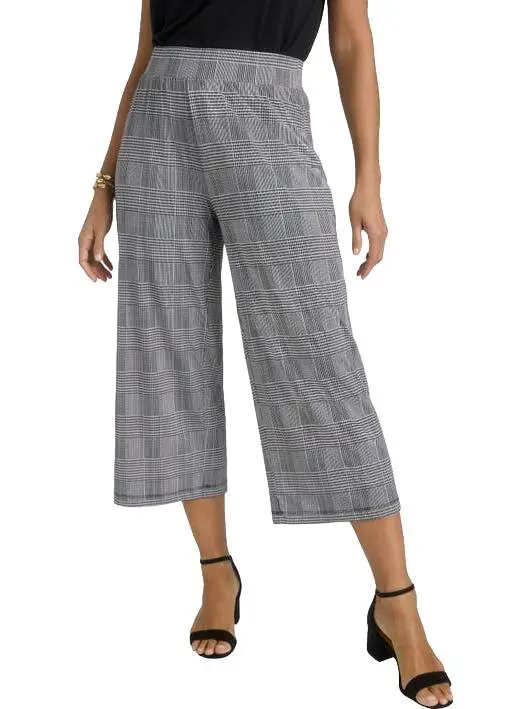 JESSICA LONDON Stretch Knit Wide Leg Crop Pant - Black Ivory Glen Plaid