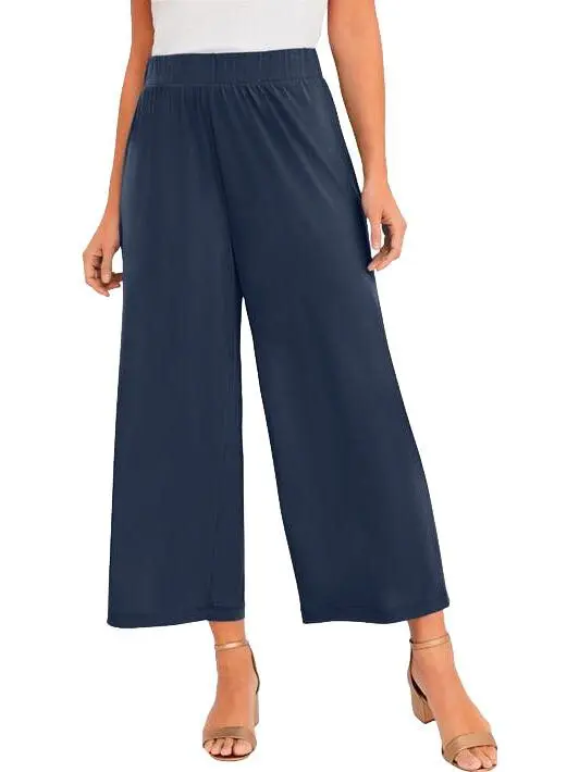 JESSICA LONDON Stretch Knit Wide Leg Crop Pant - Navy