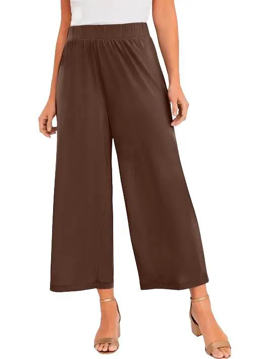 JESSICA LONDON Stretch Knit Wide Leg Crop Pant - Rich Brown