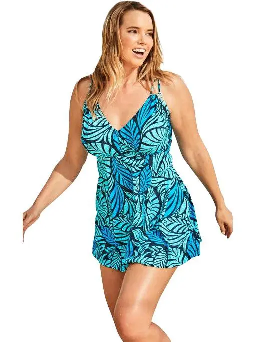 SWIM 365 Loop-strap V-neck Tummy Control Two-piece Swim Dress - Deep Blue Leaf