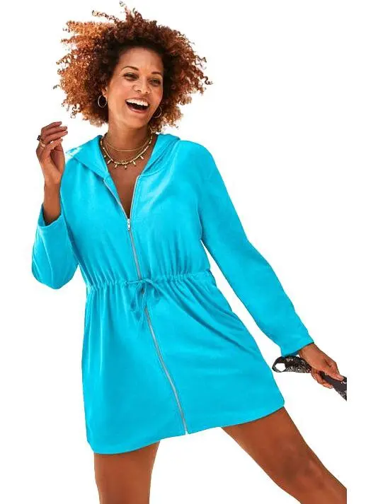 SWIMSUITS FOR ALL French Terry Tie Waist Hoodie Cover-up - Crystal Blue