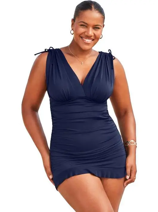 SWIMSUITS FOR ALL Adjustable Ruched Swimdress - Navy