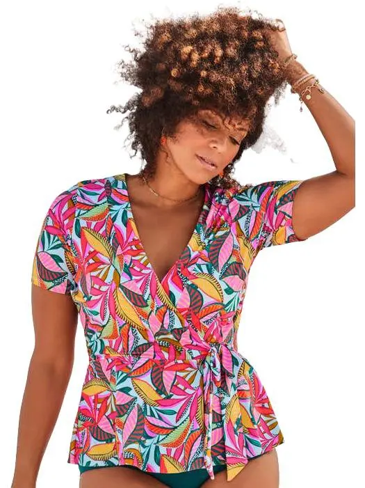 SWIMSUITS FOR ALL Short Sleeve Faux Wrap Tankini Top - Multi Palm Leaves