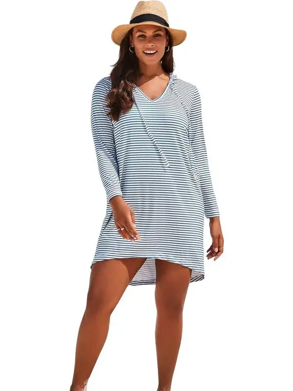 SWIMSUITS FOR ALL Wrinkle-resistant Cover Up Hoodie Dress - Mediterranean Stripe