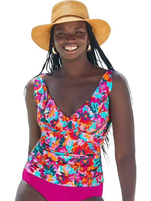 SWIMSUITS FOR ALL Ruffle V-neck Tankini Top - Fruit Punch Flowers