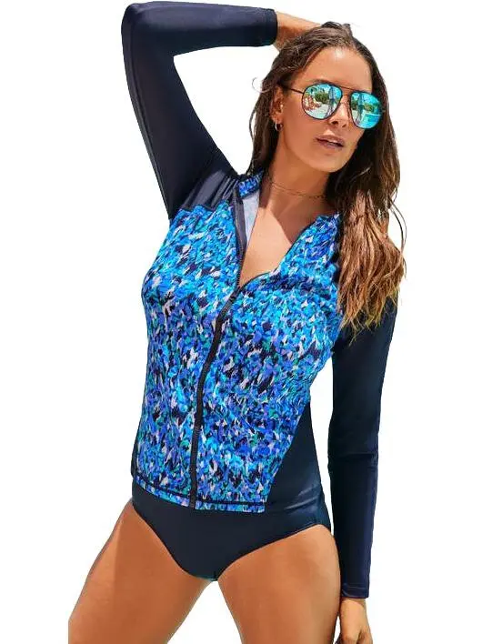 SWIMSUITS FOR ALL Chlorine Resistant Zip Front Long Sleeve Swim Shirt - Aqua Blue Abstract