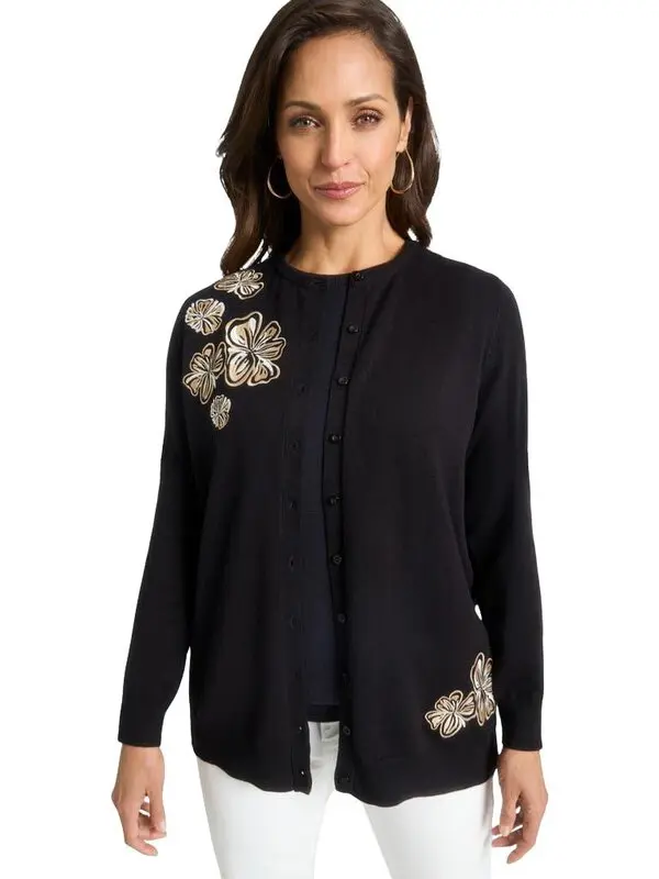 JESSICA LONDON Fine Gauge Cardigan - Black Floral Embroidery