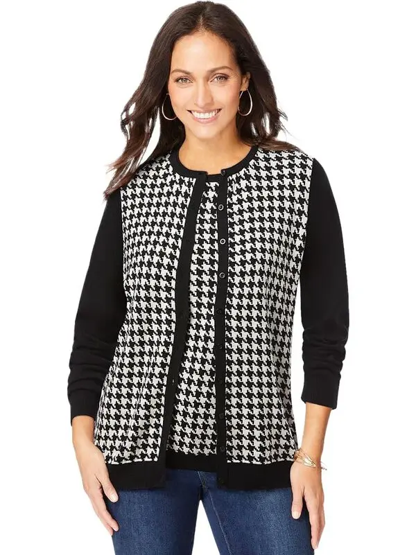 JESSICA LONDON Fine Gauge Button-front Cardigan - Houndstooth