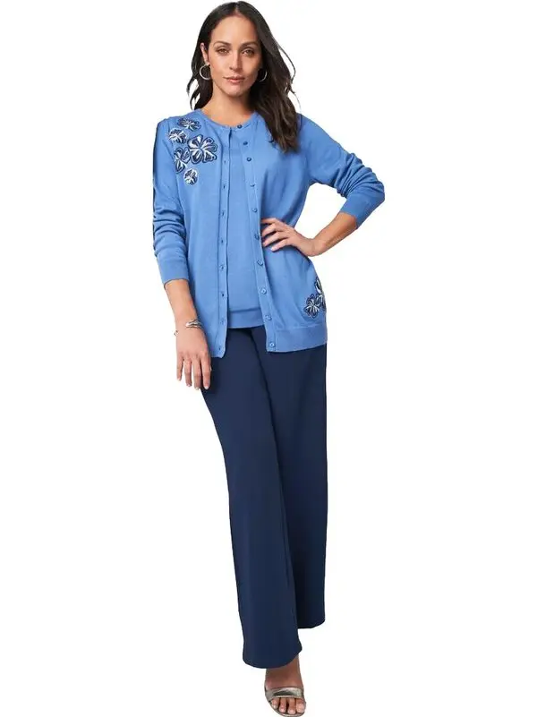 JESSICA LONDON Fine Gauge Cardigan - Indigo Floral Embroidery