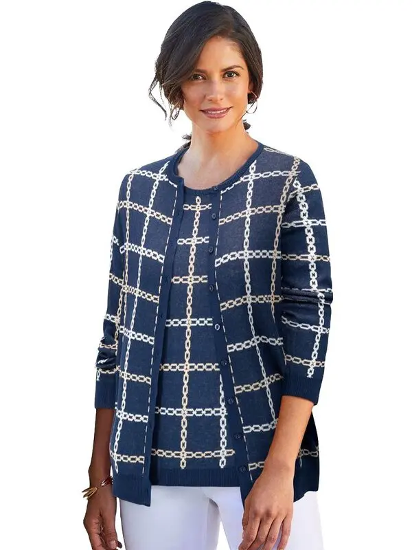 JESSICA LONDON Fine Gauge Cardigan - Navy Chain Plaid