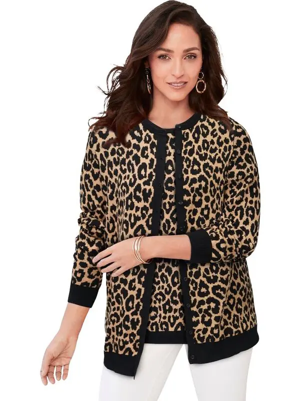 JESSICA LONDON Fine Gauge Button-front Cardigan - Neutral Classic Cheetah
