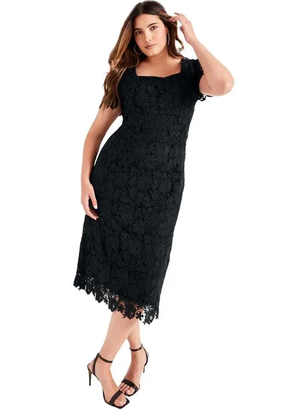 JUNE + VIE Square-neck Lace Midi Dress - Black