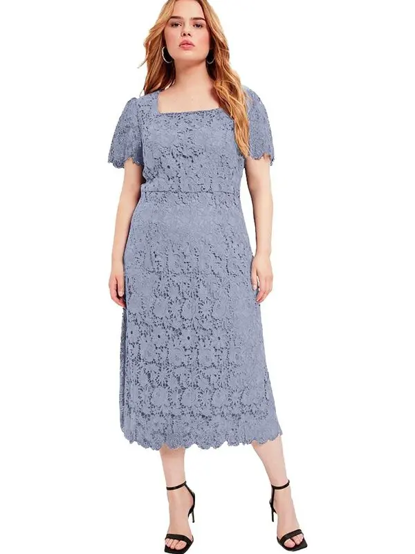 JUNE + VIE Square-neck Lace Midi Dress - Frosty Blue Gray