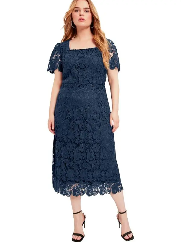 JUNE + VIE Square-neck A-line Lace Midi Dress - Navy