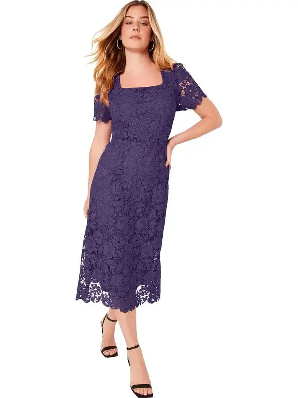JUNE + VIE Square-neck Lace Midi Dress - Purple Reign